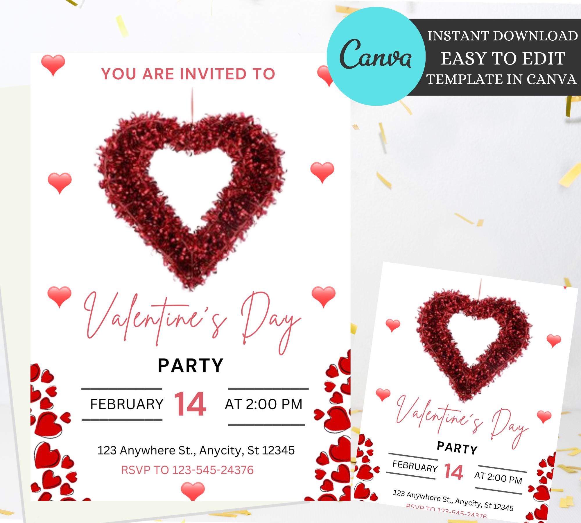 Editable Valentine's Day Party Invitation Template, Pink and Red Hearts ...
