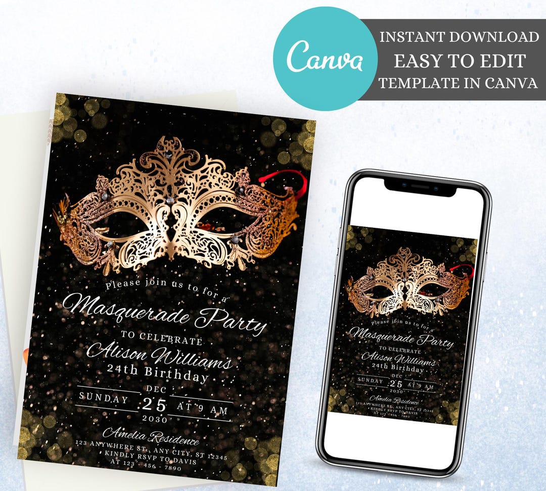 Gold Masquerade Invitation, Masquerade Party, Fancy Ball Masks ...
