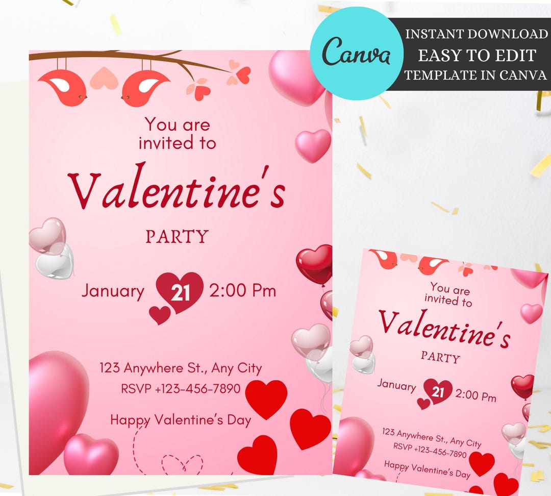 Editable Valentine's Day Party Invitation, Red Heart Valentines Party ...
