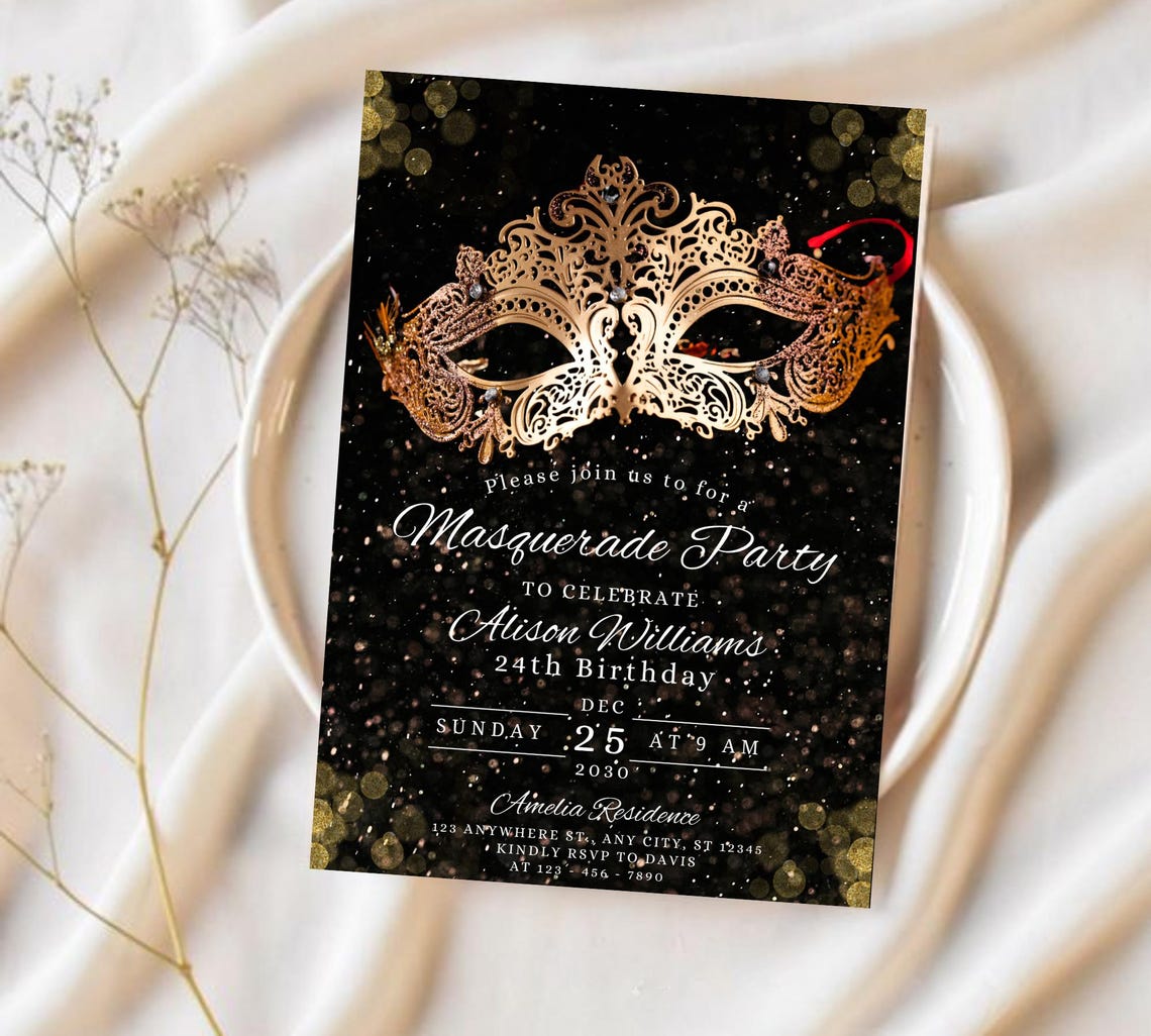 Gold Masquerade Invitation, Masquerade Party, Fancy Ball Masks ...