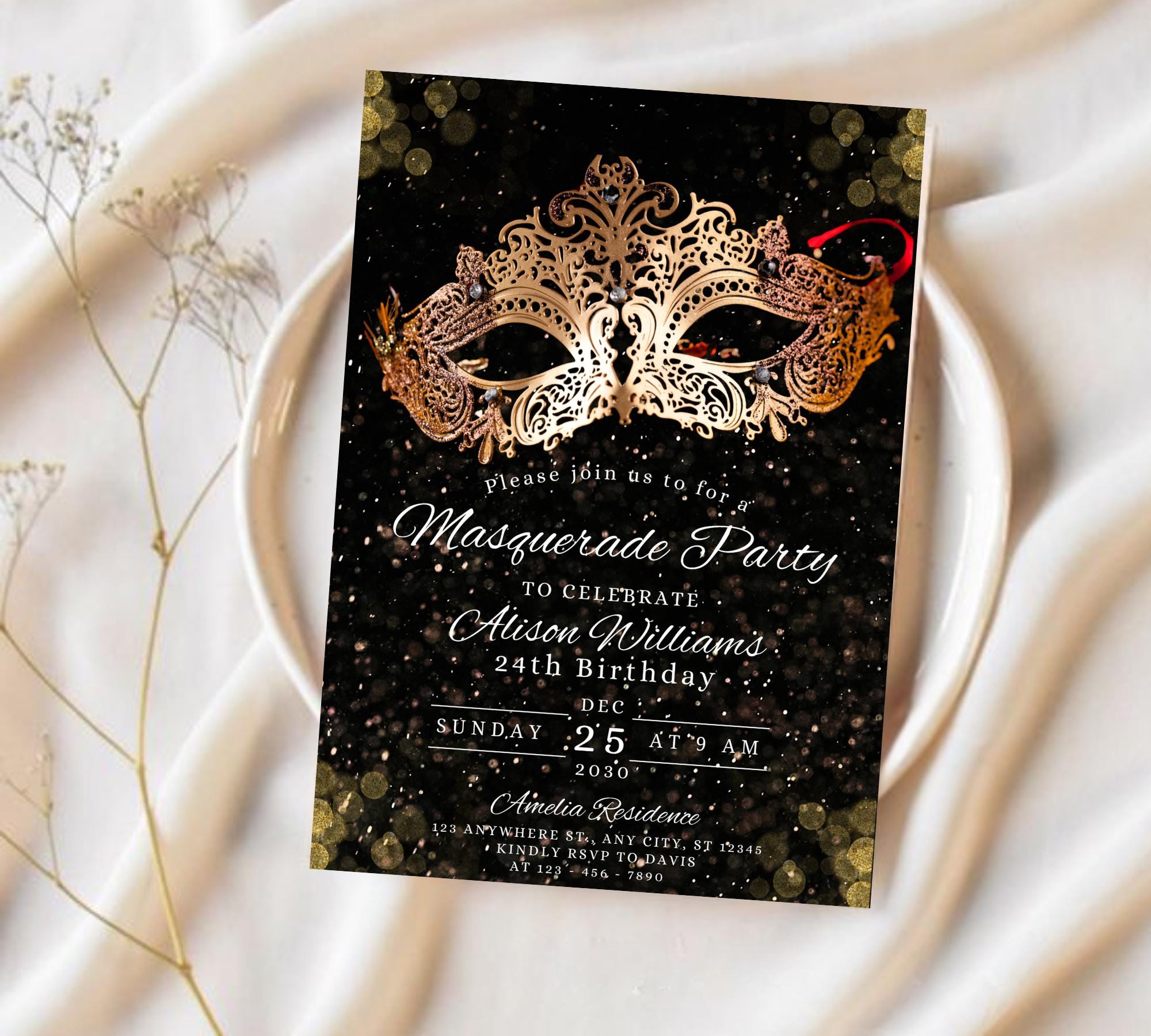 Gold Masquerade Invitation, Masquerade Party, Fancy Ball Masks, Masquerade Ball Invitations ...