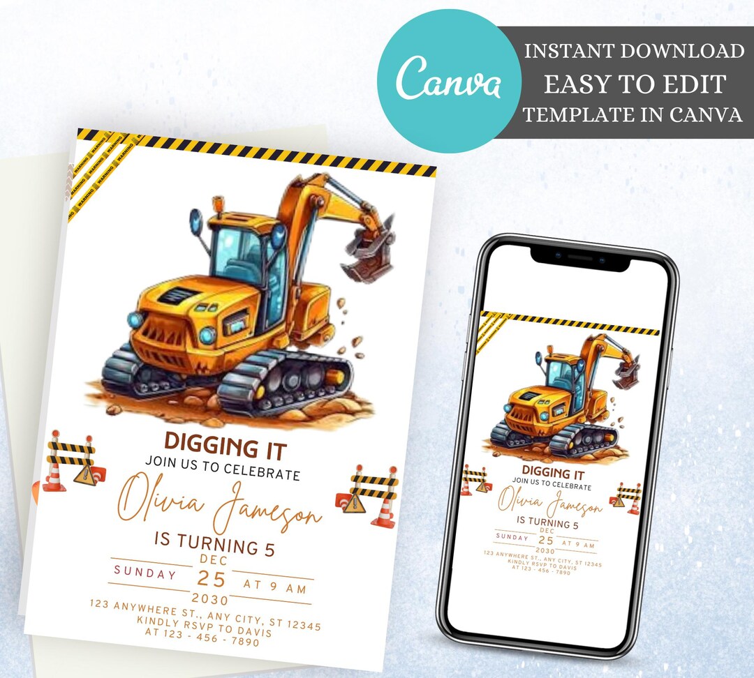 Construction Invitation Card Excavator Birthday Invitation Construction ...