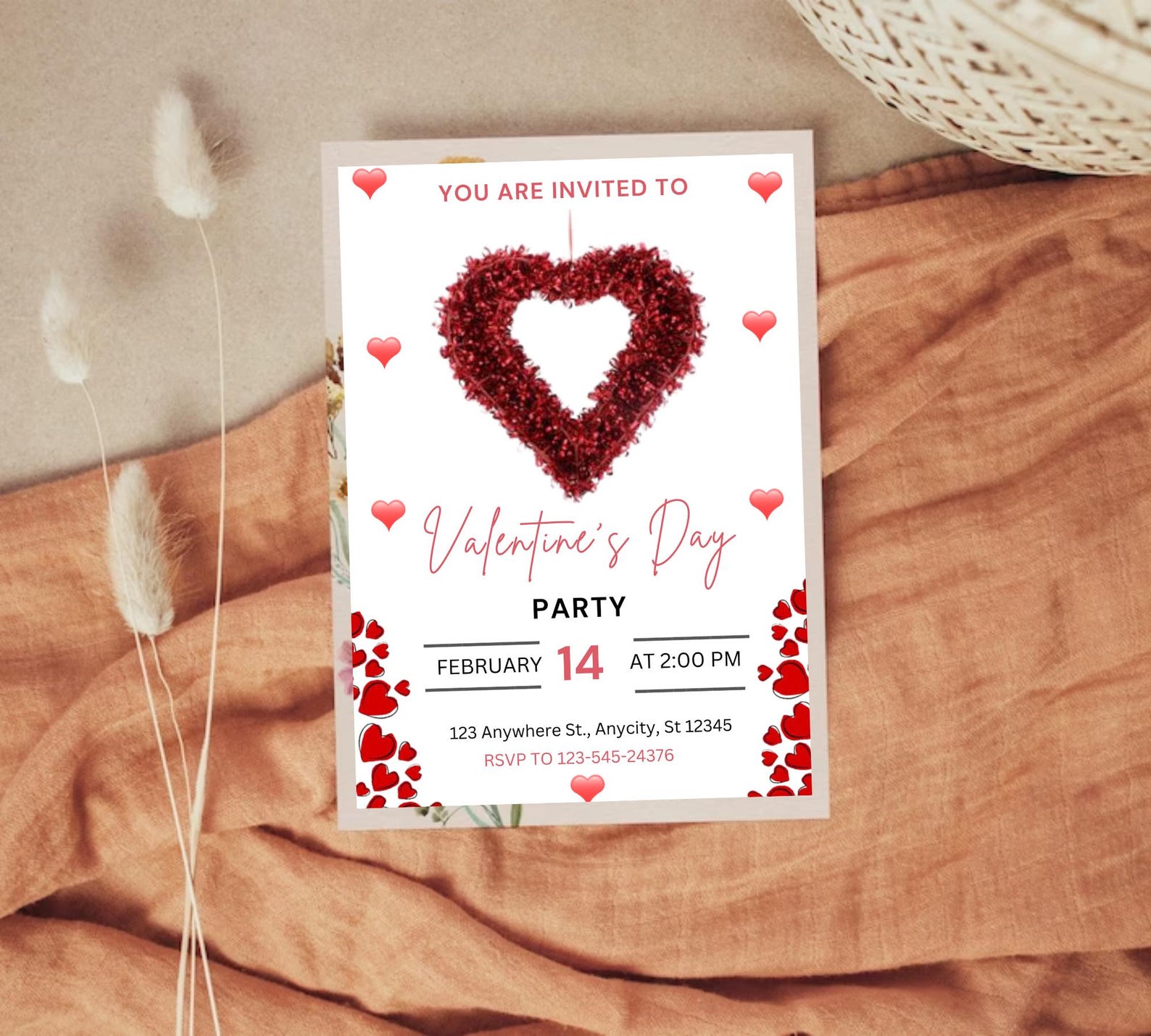 Editable Valentine's Day Party Invitation Template, Pink and Red Hearts ...