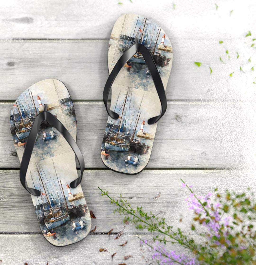 Sail Boat Flip Flops Coastal Sandals Beach Boho Modern Casual Women's ...