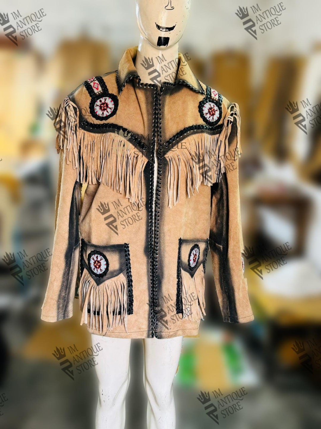 Men's Western Brown Buckskin Suede Leather Fringes Beaded Jacket,cowboy Leather Jacket Native ...