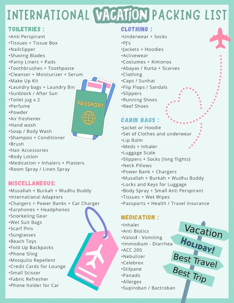 International Vacation Packing List - Etsy