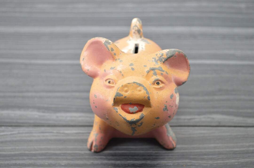 Vintage Happy Piggy Pig Shaped Coin Bank 1940's Painted Cast Metal Pink ...