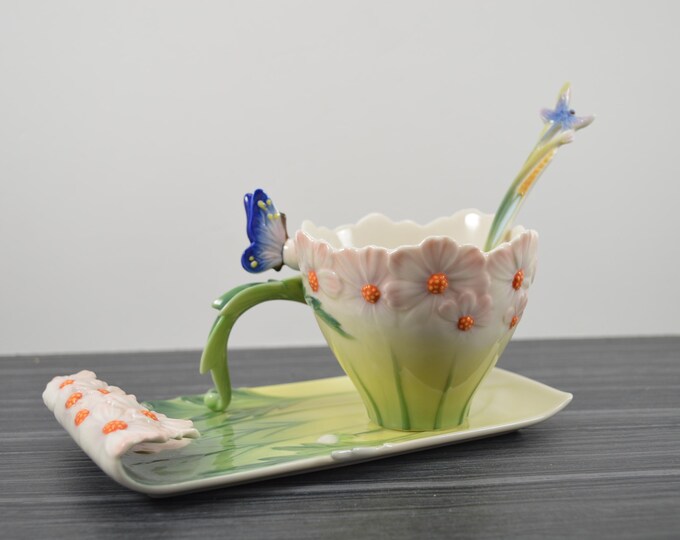 Vintage Franz Porcelain Tea Cup Set Cosmos of Color Blue Butterfly Pink ...