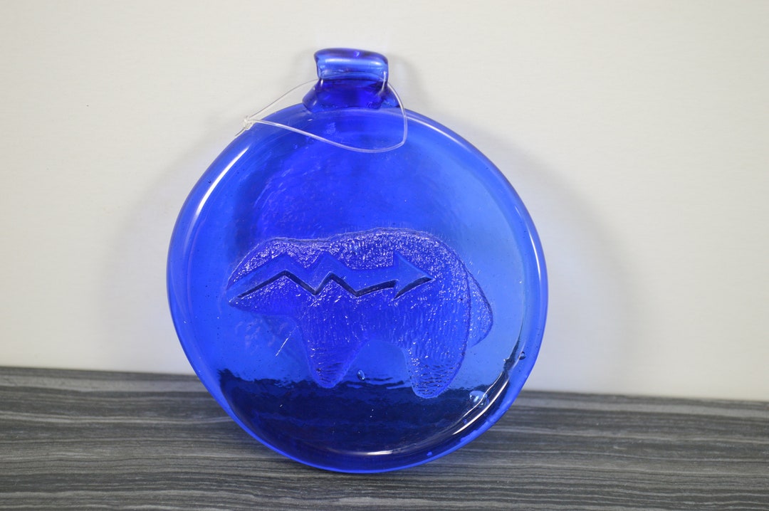 Vintage Cobalt Blue Heartline Bear Pressed Glass Suncatcher Ornament ...