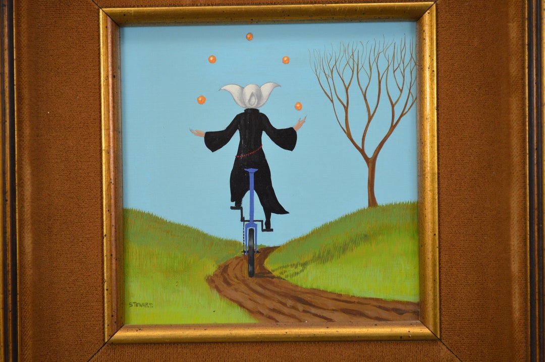Vintage Nun Oil Painting Juggling Unicycling Fun Nun Habit Original ...