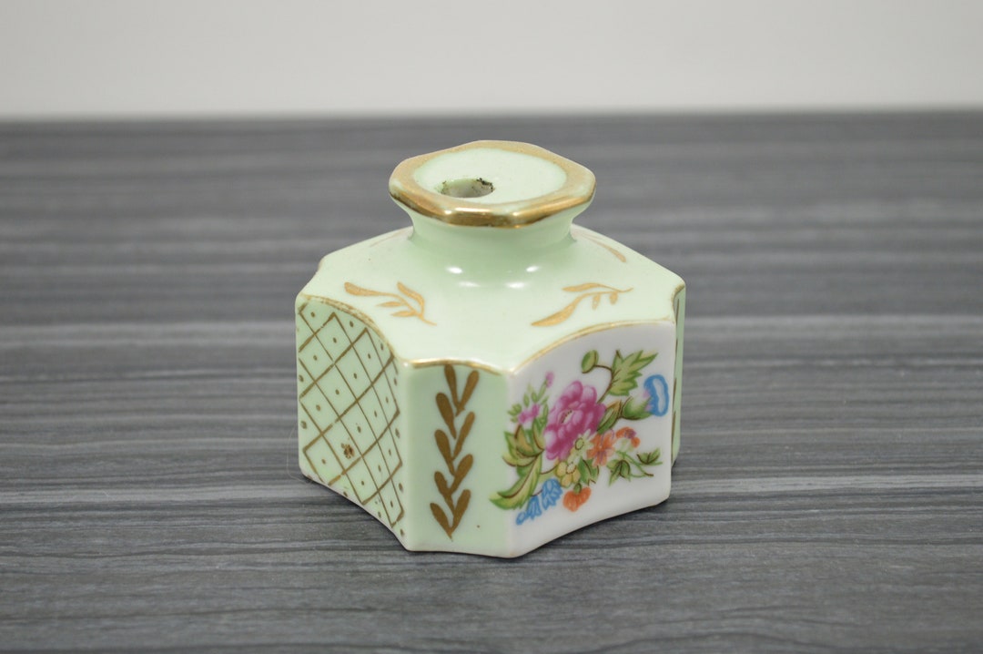 Vintage Porcelain Inkwell Ink Bottle Green and Gold Gilt Porcelain ...