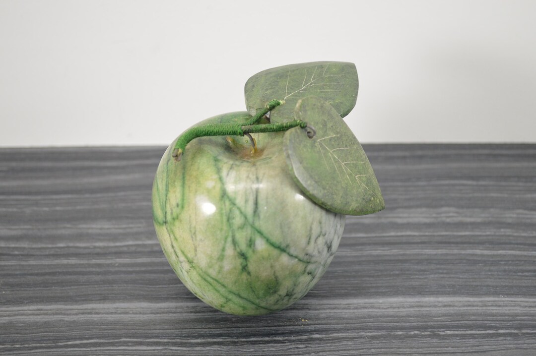 Vintage MCM Green Marble Apple Green Carved Stone Fruit Leaves Fruit ...