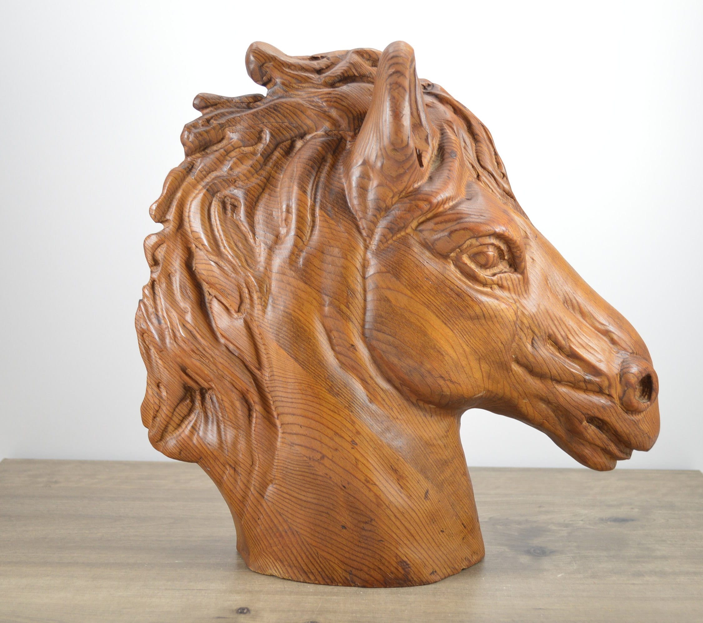 Vintage Large Hand Carved Wood Horse Stallion Head Bust Folk Art ...