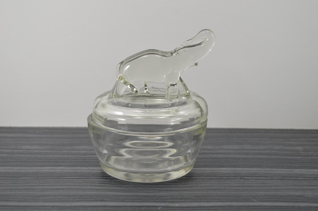 Vintage Jeanette Glass Clear Elephant Powder Box Lidded Trinket Vanity ...