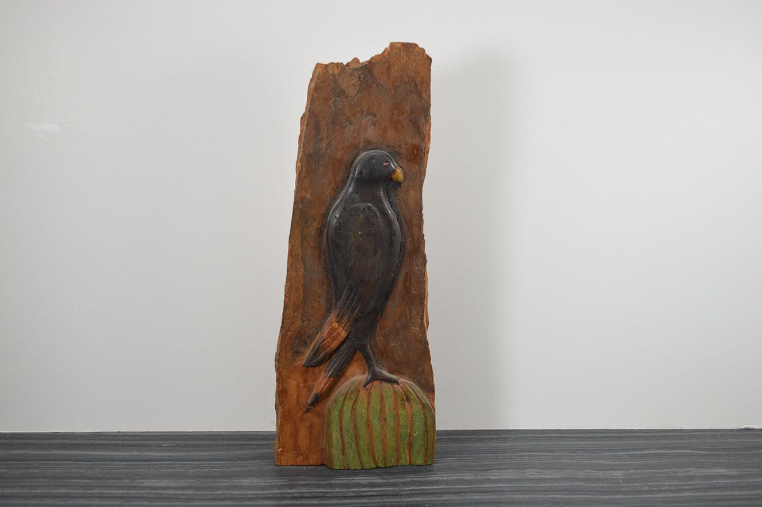 Vintage Carved Wooden Crow Sculpture Wall Plaque Hanging Art Bas Relief ...