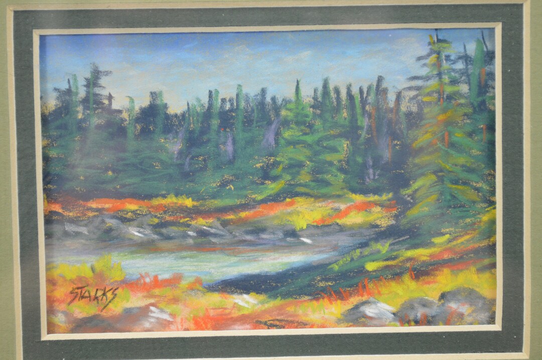 Vintage Pastel Drawing Fall Mountain Lake Landscape Fall Autumn ...