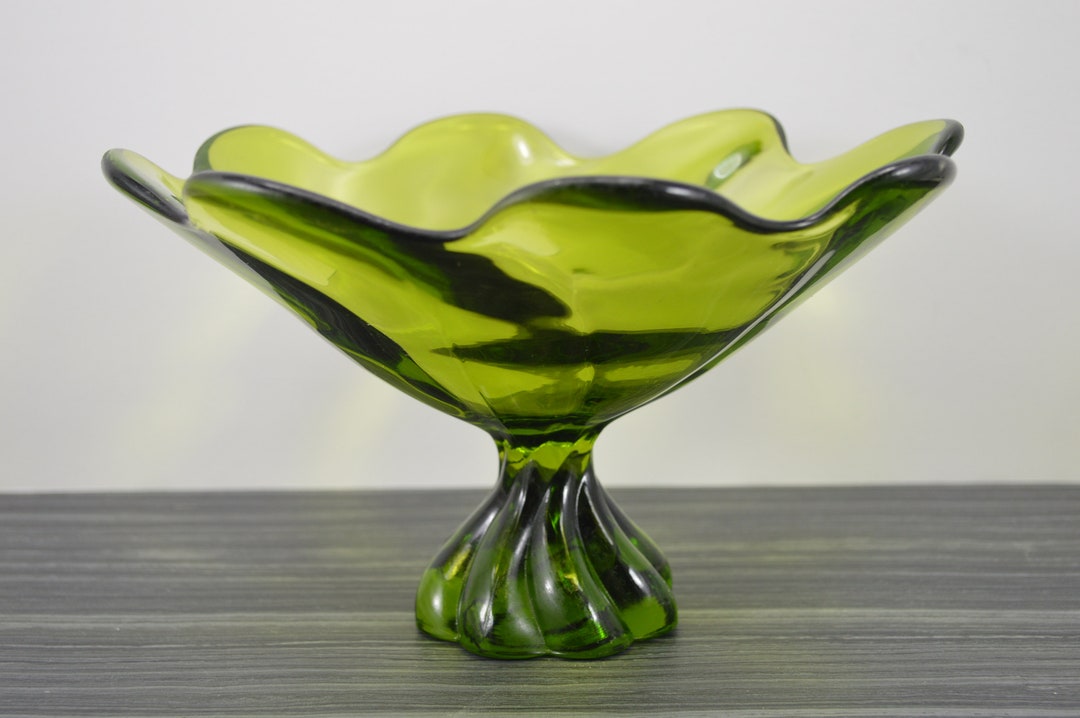 Vintage MCM Viking Glass Avocado Green Epic Twist Pedestal Compote ...