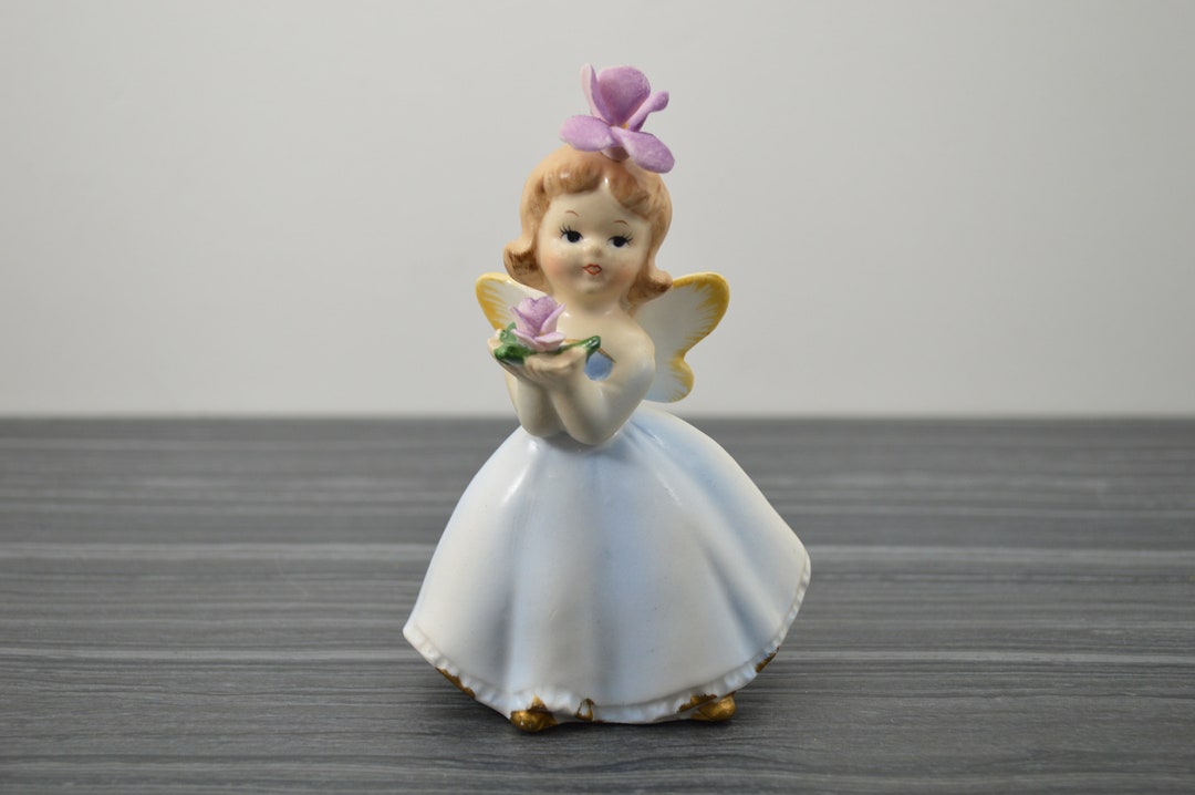 Vintage Lefton Birthday Flower Girl Figurine Butterfly Wings Violets ...
