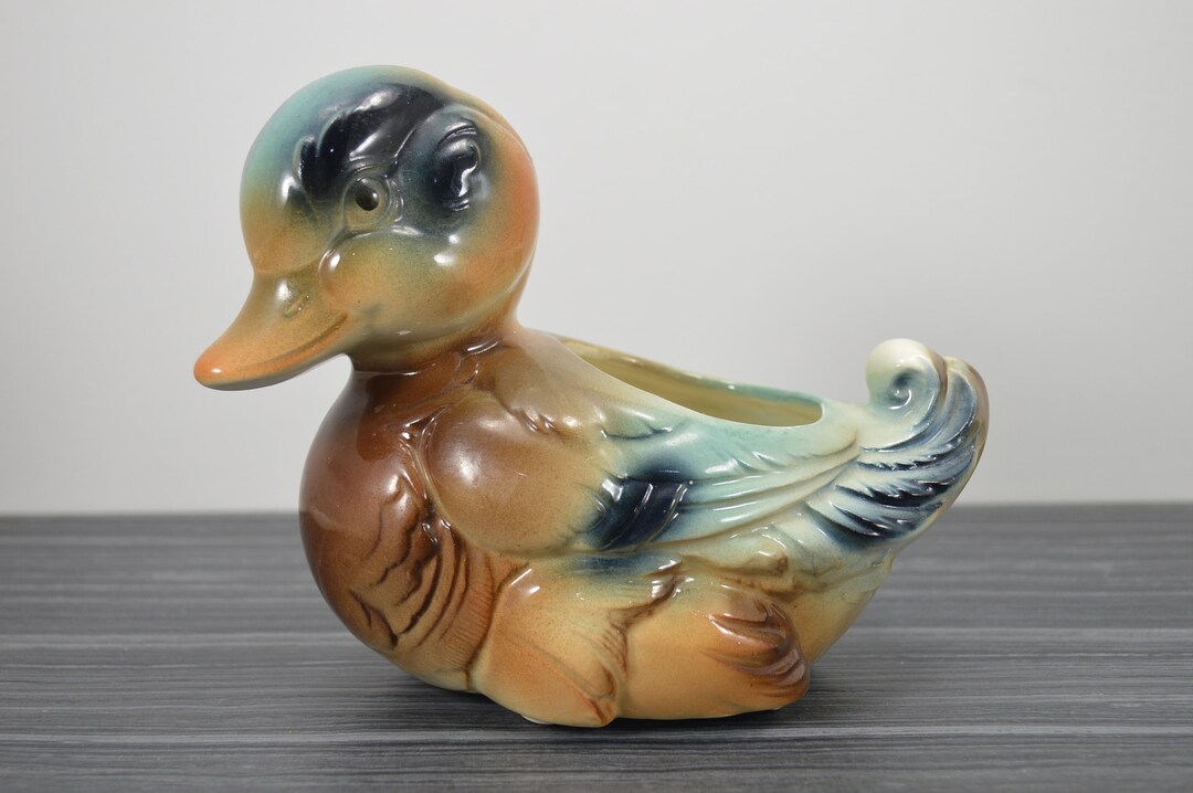 Vintage Royal Copley Wood Duck Planter Blue Brown Duckling Duck Flower ...