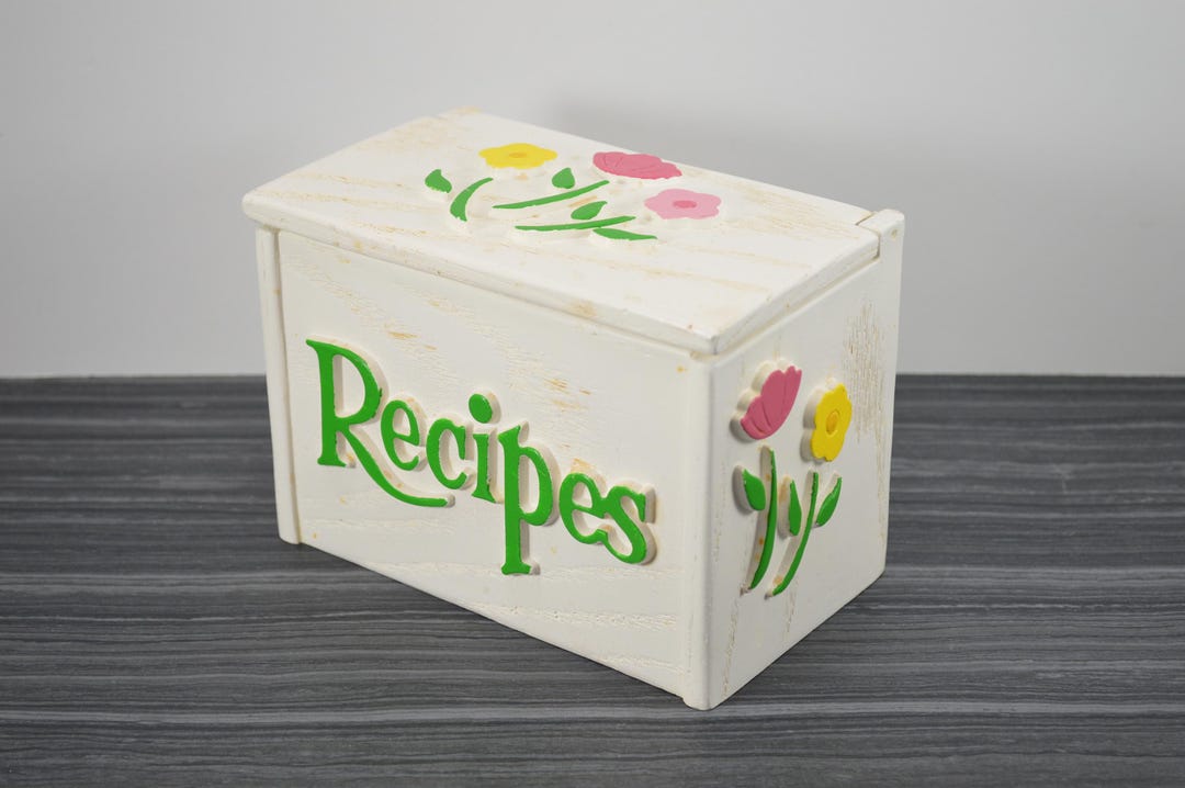 Vintage Recipe Box Tulip Floral Flower Faux Bois Wood Grain 1985 FTD ...