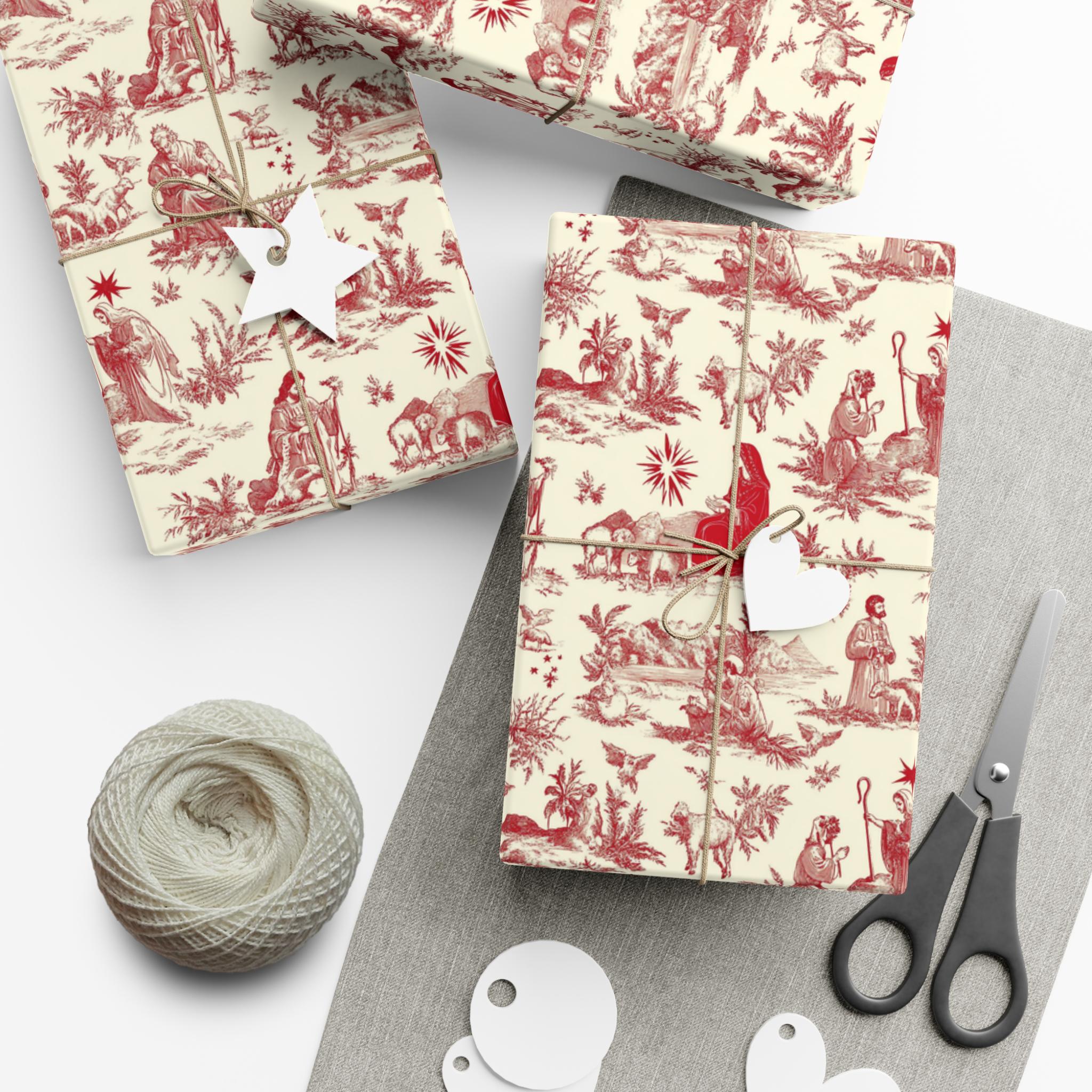 Toile De Jouy Nativity Scene Christmas Wrapping Paper Classic Red ...
