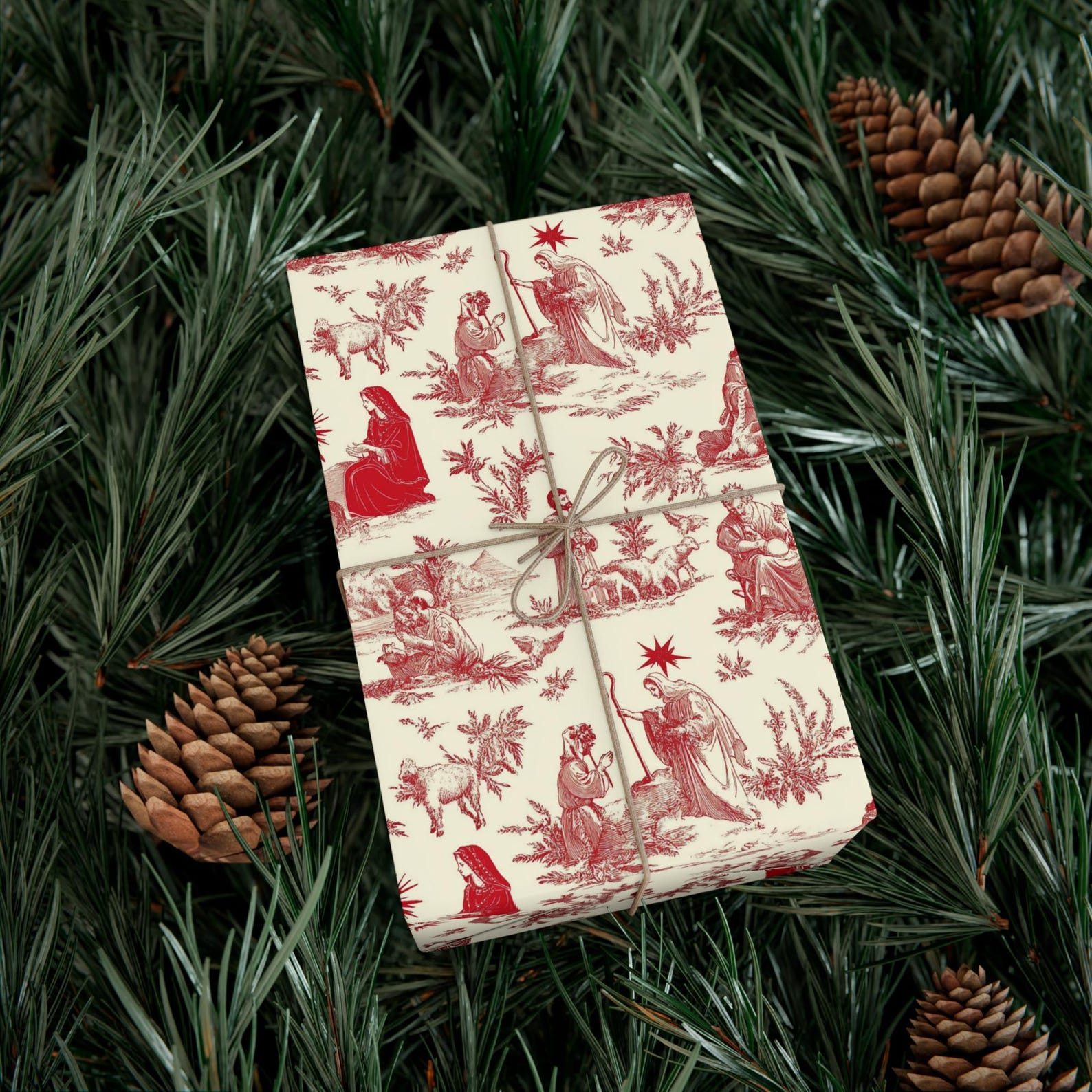 Toile De Jouy Nativity Scene Christmas Wrapping Paper Classic Red ...