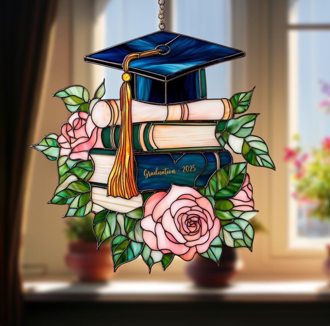 Floral Graduation Cap Stained Glass Suncatcher – Elegant Book & Rose ...