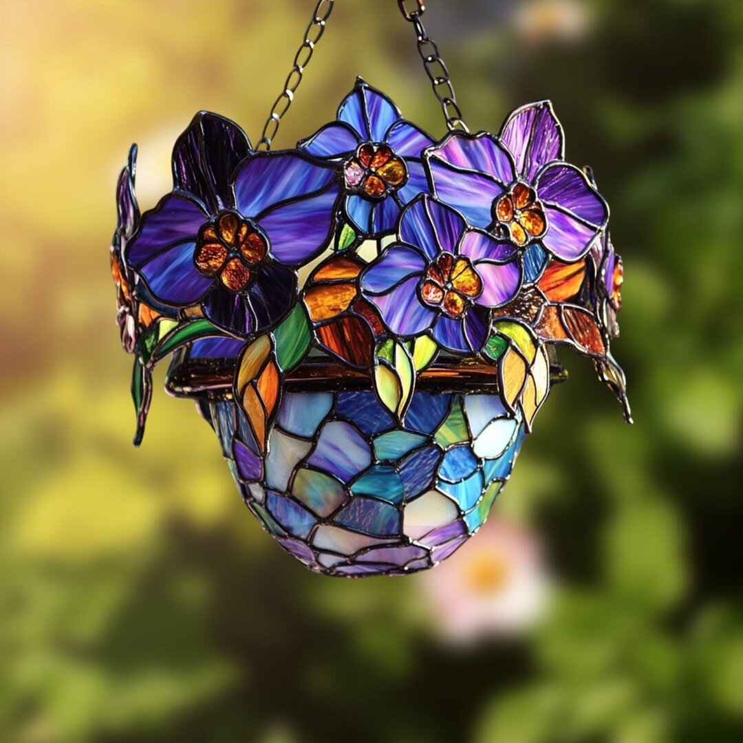 Stained Glass Hanging Basket Suncatcher – Colorful Purple Flower ...