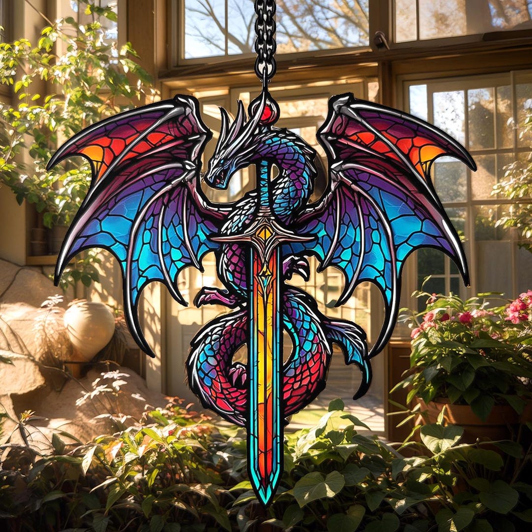 Rainbow Dragon Sword Stained Glass Suncatcher – Fantasy Window Decor ...