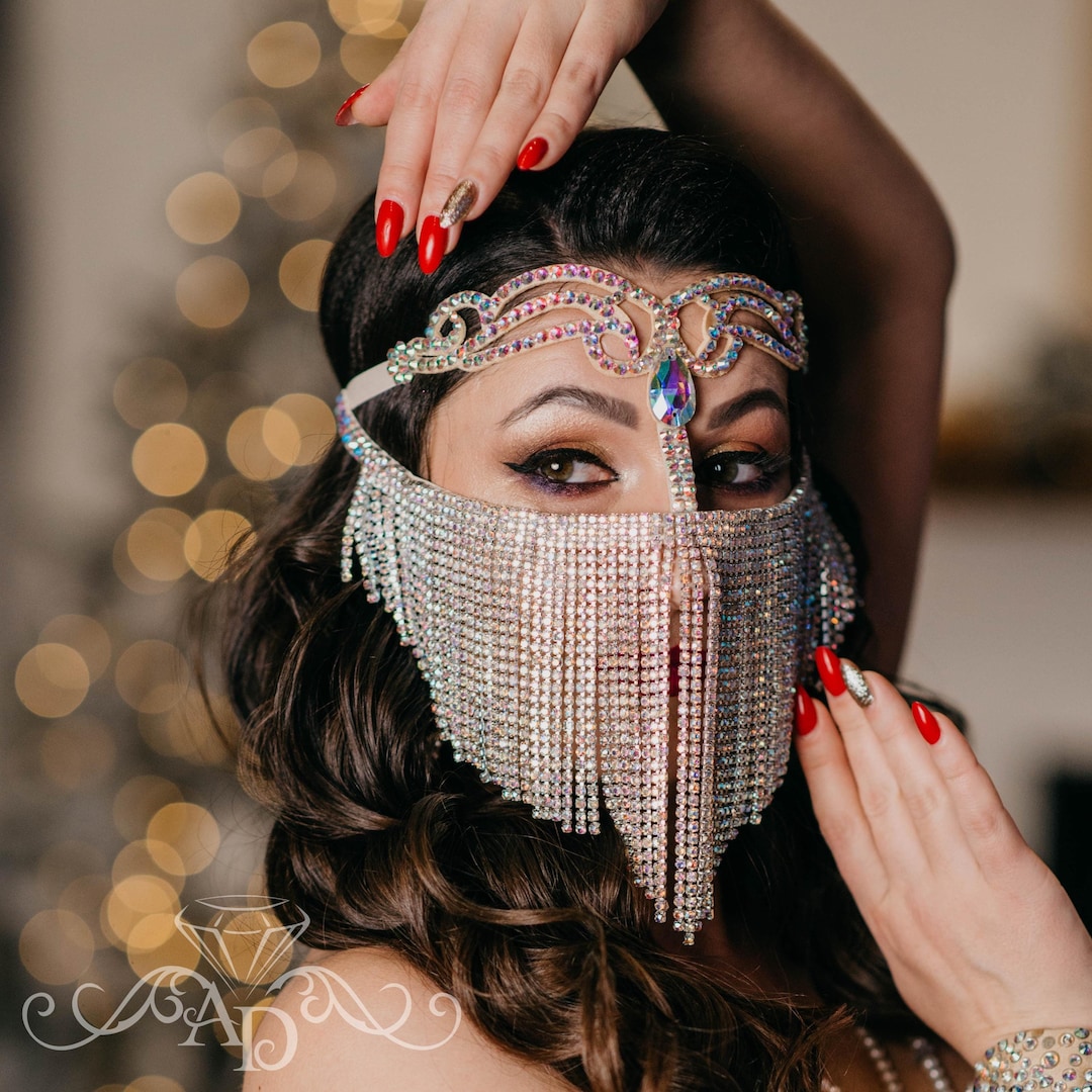 Rhinestone Face Mask, Belly Dance Face Veil, Arabian Face Mask, Belly ...