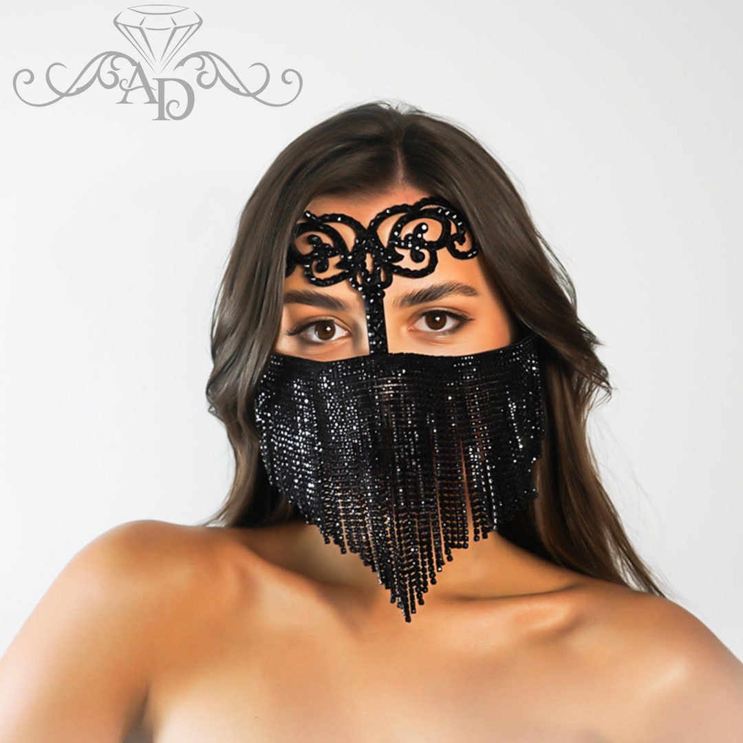 Rhinestone Face Mask, Belly Dance Face Veil, Arabian Face Mask, Belly ...