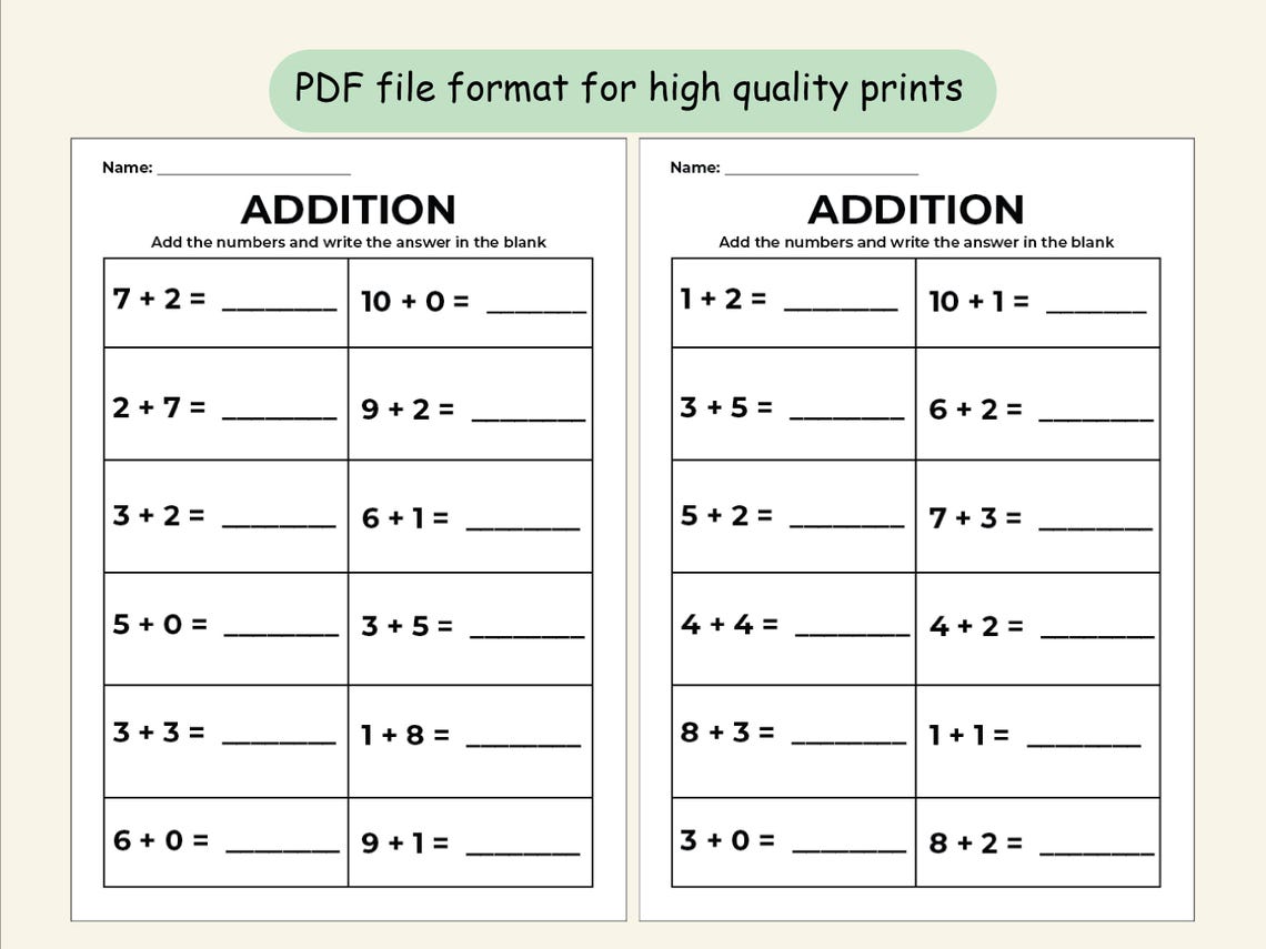 10 Printable Addition Worksheets | Kindergarten-1st Grade-2nd Grade ...