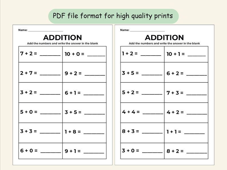 10 Printable Addition Worksheets | Kindergarten-1st Grade-2nd Grade ...