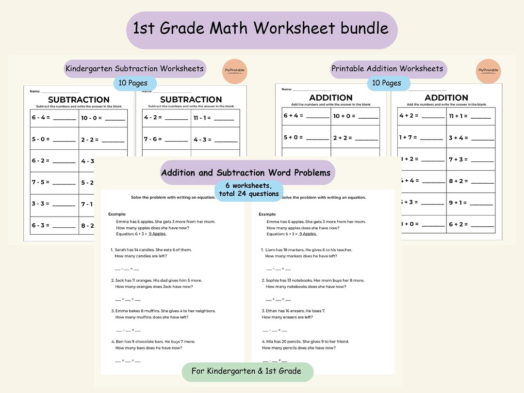 1st Grade Math Worksheet Bundle - Addition, Subtraction and Word ...