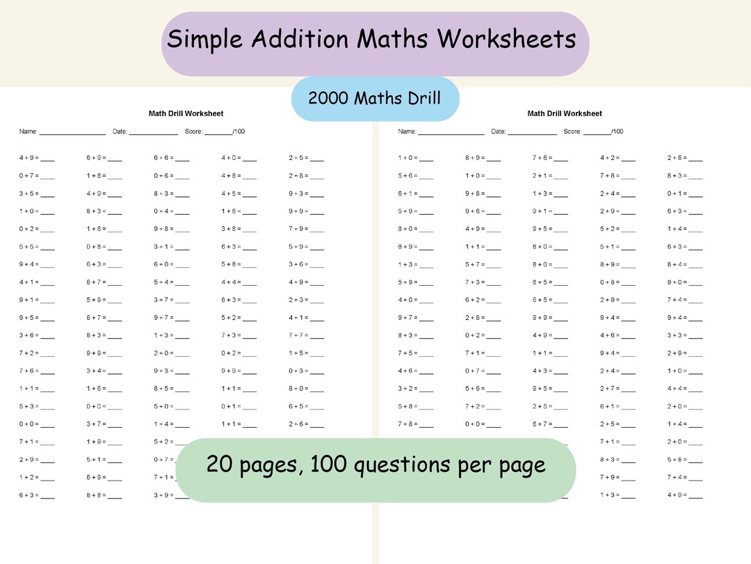 Maths Addition Worksheets Drill, Addition Homework, Maths Practice ...
