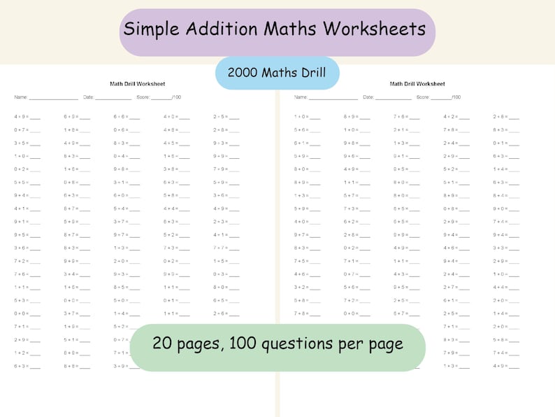 Maths Addition Worksheets Drill, Addition Homework, Maths Practice ...