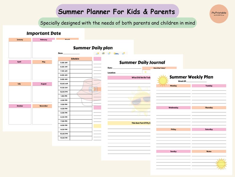 Printable Summer Planner for Kids and Parents , Daily & Weekly Schedule ...