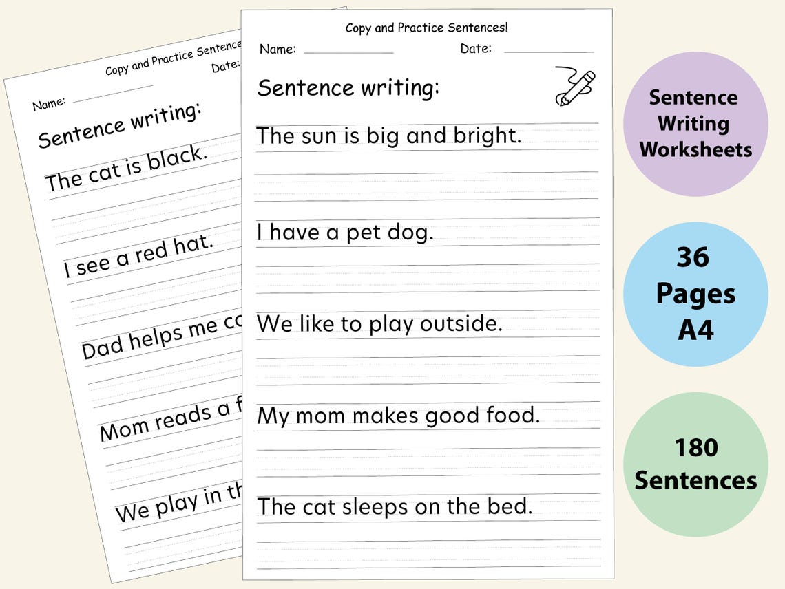 180 Sentence Writing Worksheets Printable | 36 Pages of Write the ...