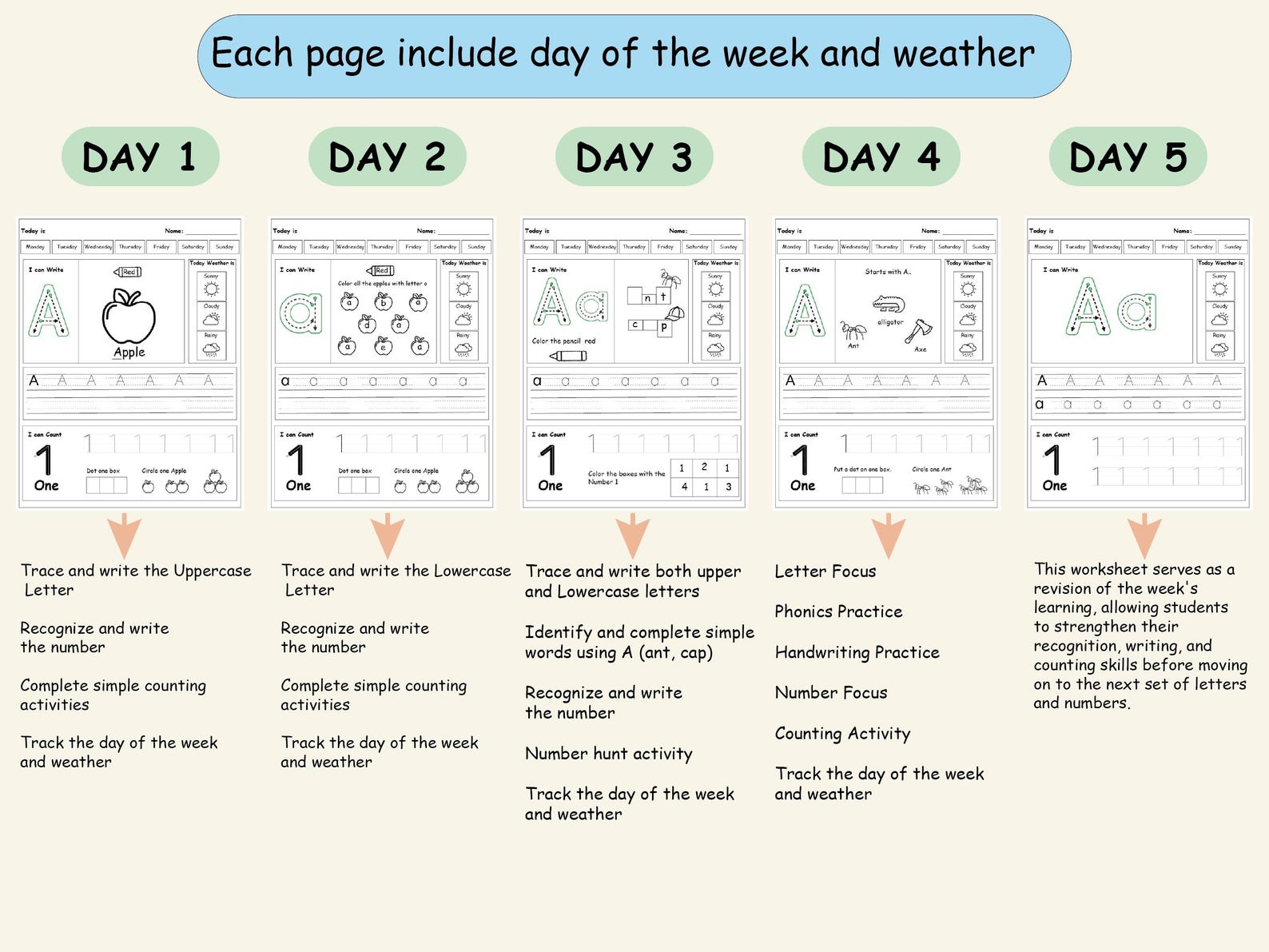 Printable Daily Kindergarten Worksheets, Summer Review Workbook ...