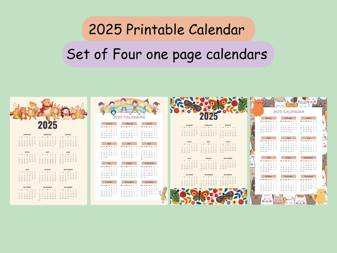 2025 Printable Calendar One Page | Cute Kids Calendar 2025 | Set of ...