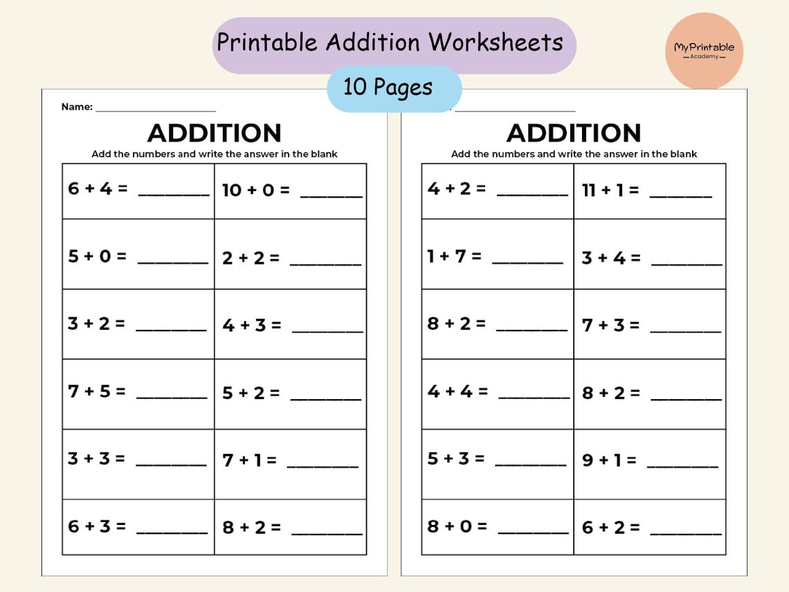 10 Printable Addition Worksheets | Kindergarten-1st Grade-2nd Grade ...