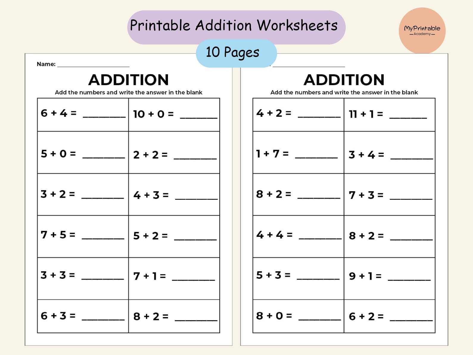10 Printable Addition Worksheets | Kindergarten-1st Grade-2nd Grade ...