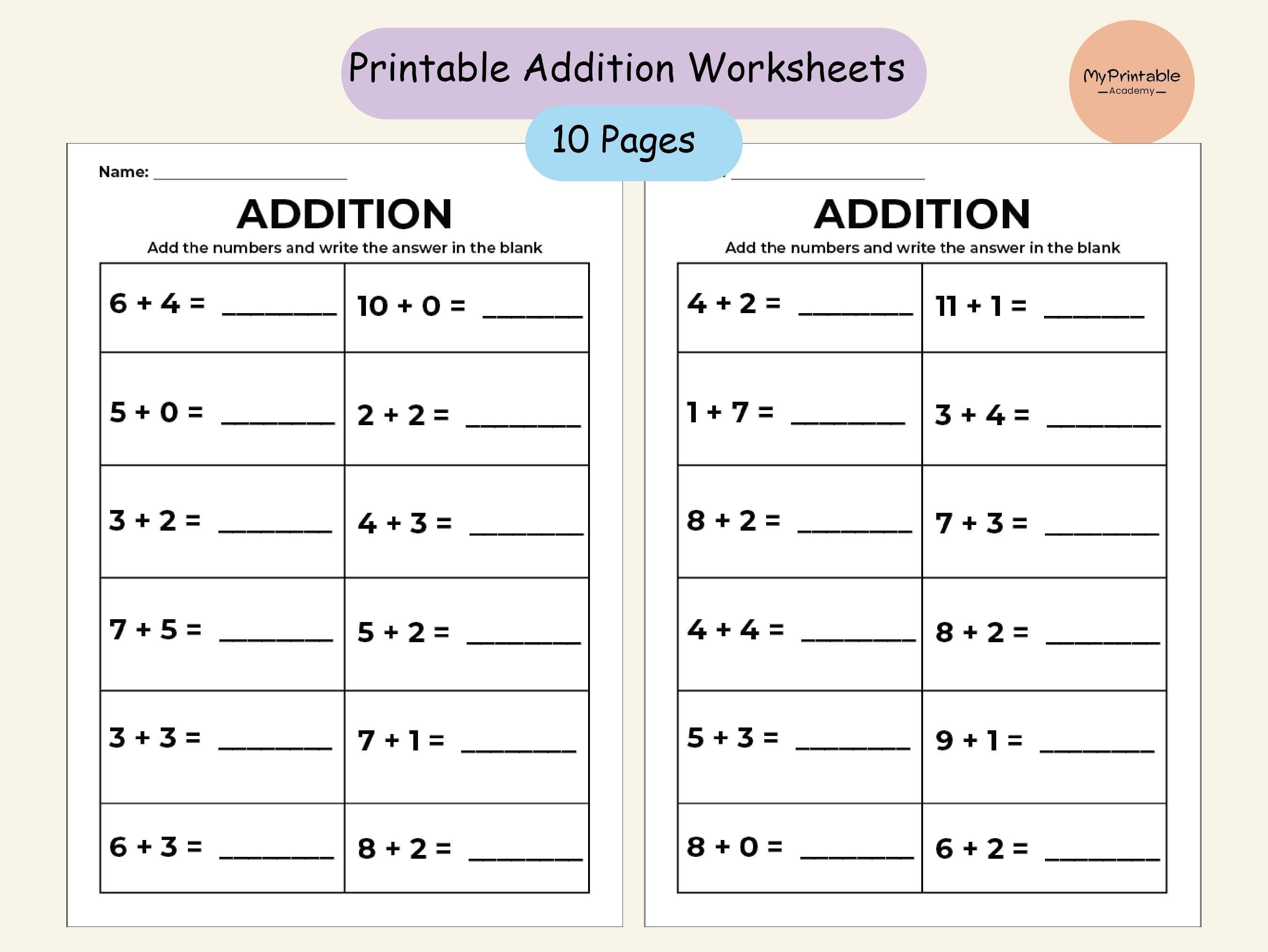10 Printable Addition Worksheets | Kindergarten-1st Grade-2nd Grade ...