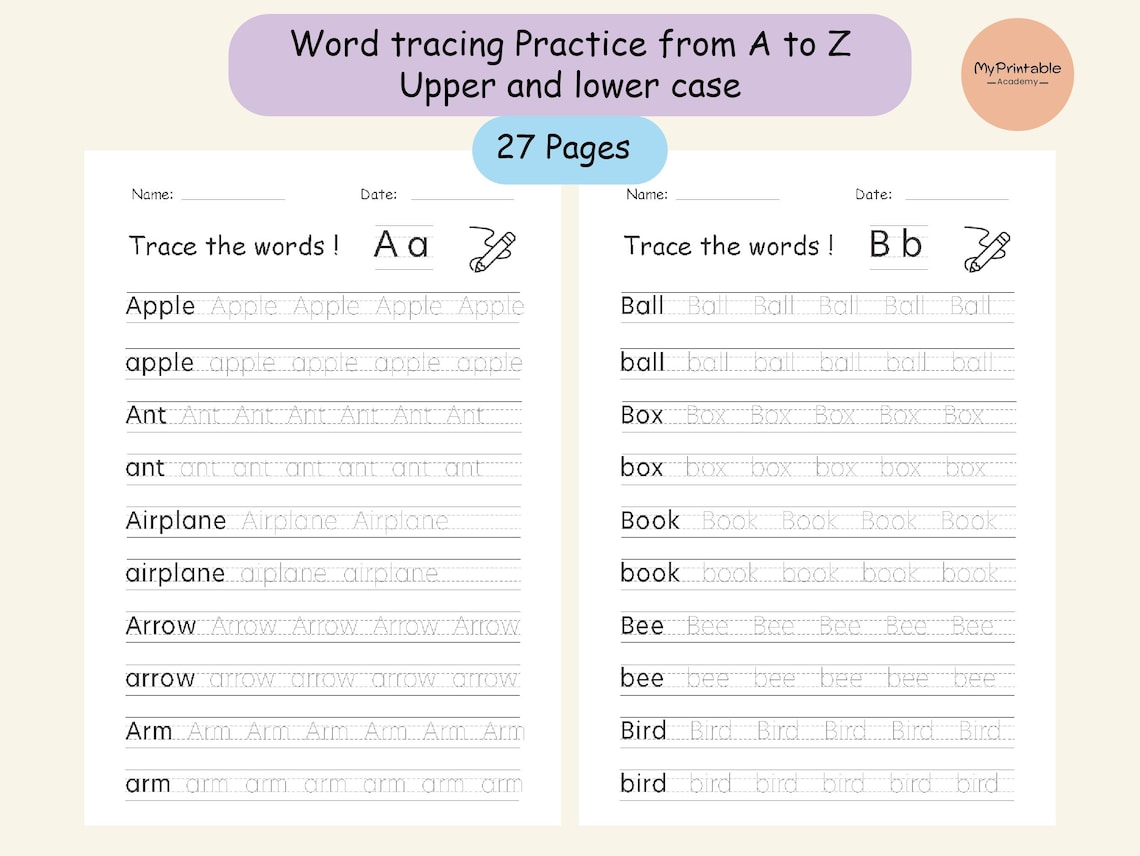 Kindergarten Handwriting Words Tracing Worksheets | Writing Activity ...