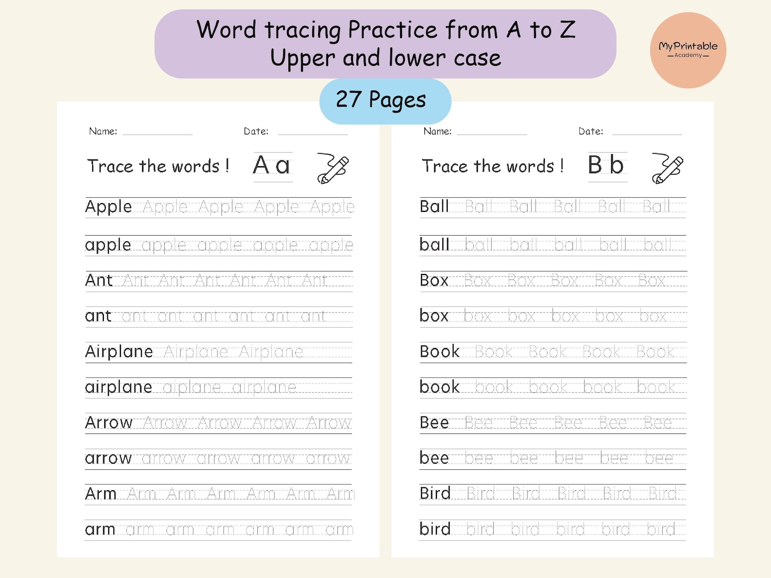 Kindergarten Handwriting Words Tracing Worksheets | Writing Activity ...