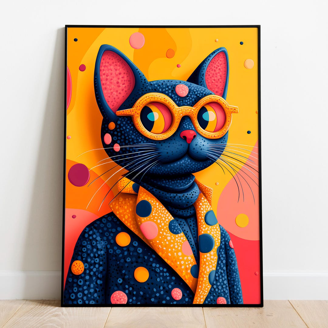 Pop Art Cat Illustration Print, Vintage Cat Poster, Retro Wall Art ...