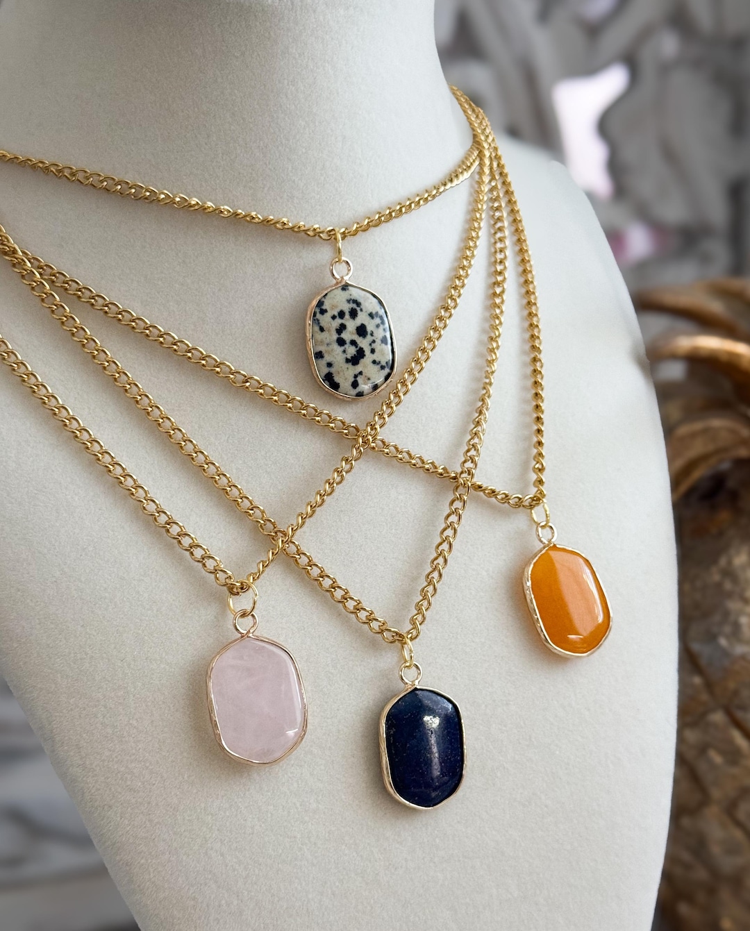 Natural Stone Pendant Necklace, 18K Gold Plated Necklace, Choose Your ...