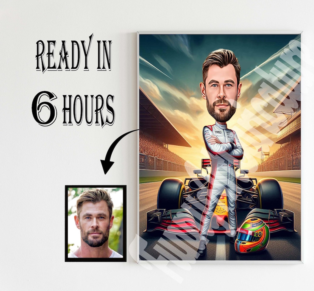 CUSTOM F1 Racing Caricature Racing Bomber F1 Cartoon Drawing From Photo ...