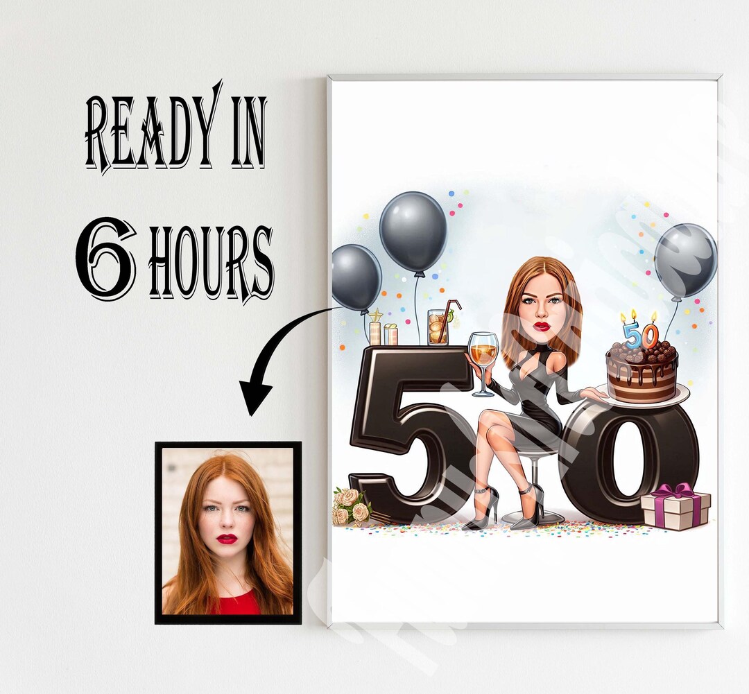 Personalized 50th Cartoon Portrait, Custom Happy Birthday Caricature ...