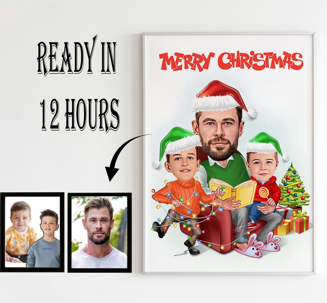 Custom Family Christmas Cartoon Portrait, Custom Xmas Cartoon Portrait ...